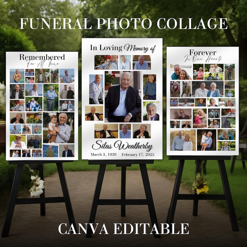 Funeral Photo Collage Sign Set Templates, Editable Funeral Welcome Sign ...