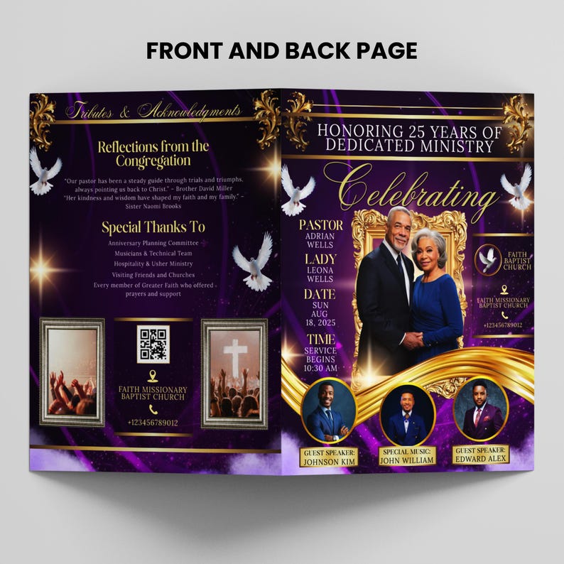 4 Page Pastor Anniversary Program Template, Purple and Gold Church Anniversary Bi-fold Brochure ...