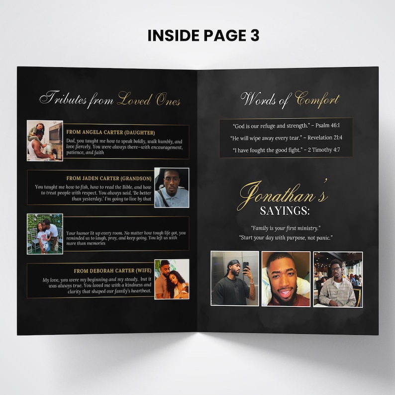 Black and Gold Funeral Program 8 Pages Template, Editable in Loving ...