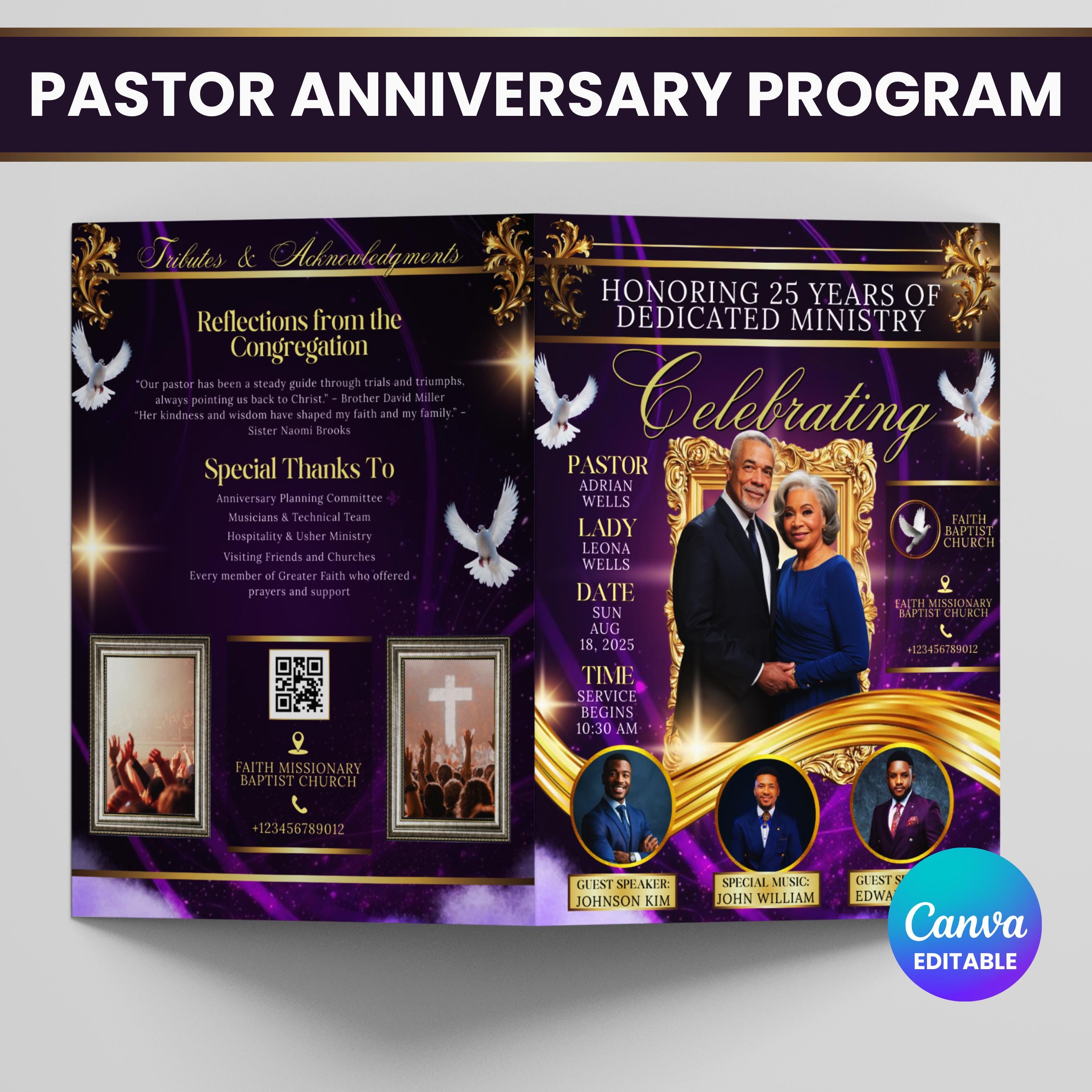4 Page Pastor Anniversary Program Template, Pastor and Wife Church Anniversary Bi-fold Brochure ...