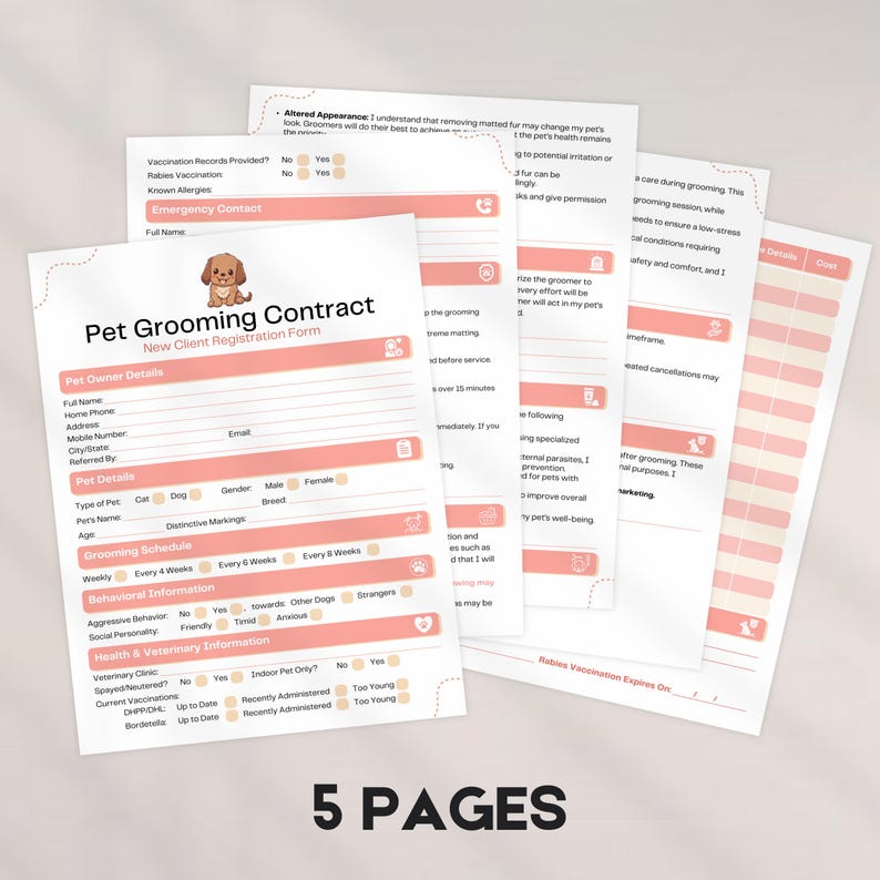 Pet Grooming Service Agreement & Contract, Dog Grooming Client Form ...