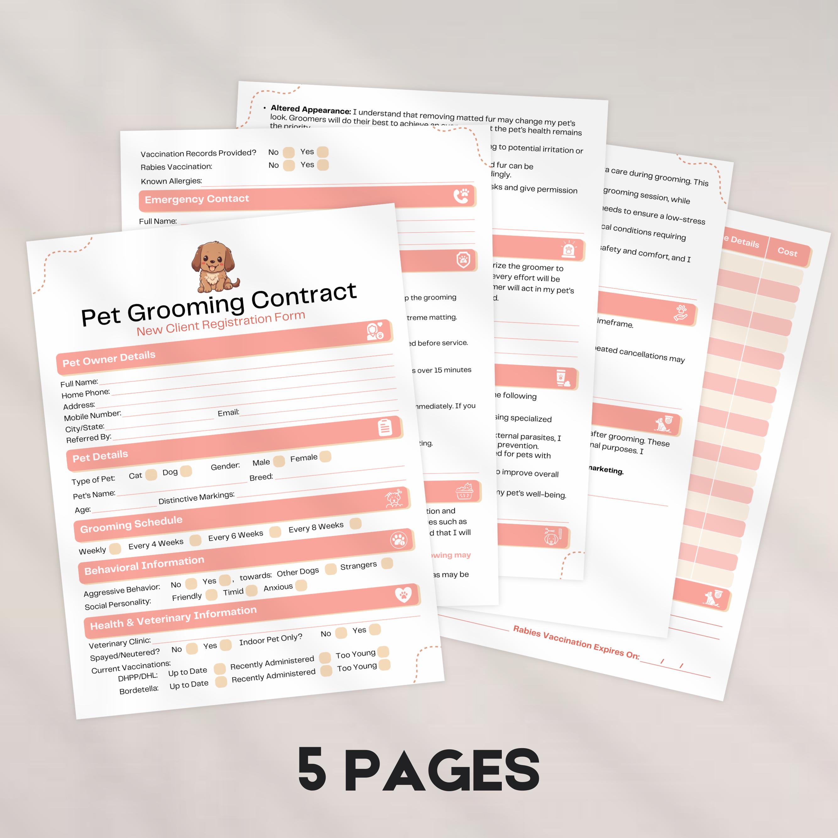 Pet Grooming Service Agreement & Contract, Dog Grooming Client Form ...