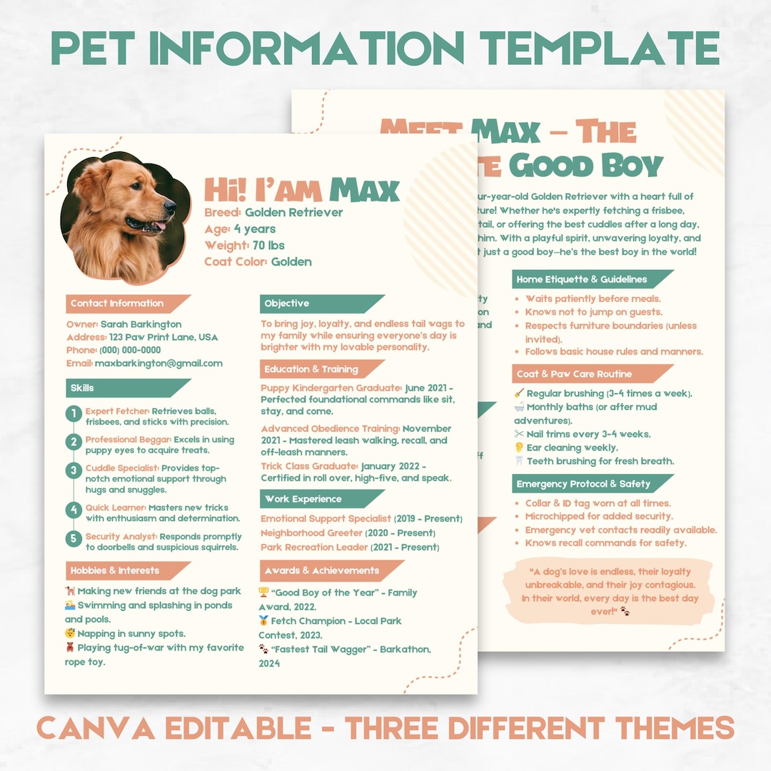Editable Pet Information Pages, Pet Sitter Instructions Template ...