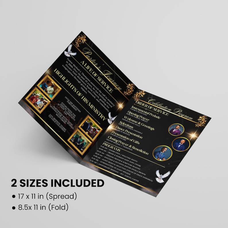 4 Page Pastor Anniversary Program Template, Black and Gold Church ...