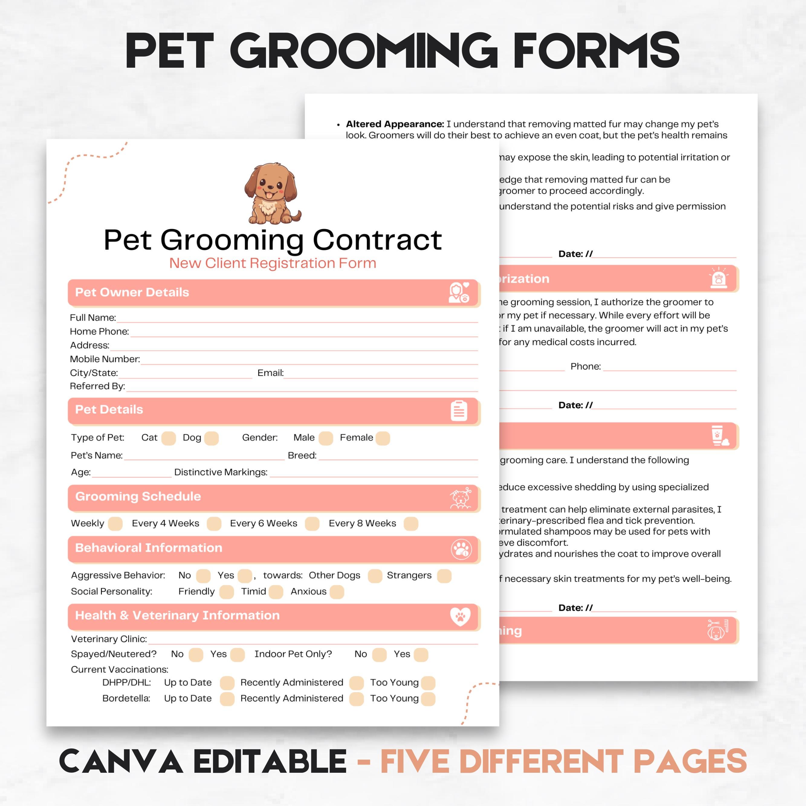 Dog Grooming Client Forms in Pink, Consent and Release, Pet Client ...