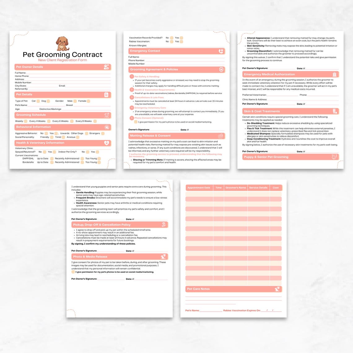 Dog Grooming Client Forms in Pink, Consent and Release, Pet Client ...
