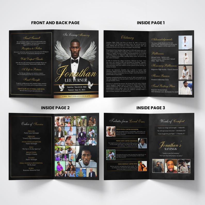 Black and Gold Funeral Program 8 Pages Template, Editable in Loving ...