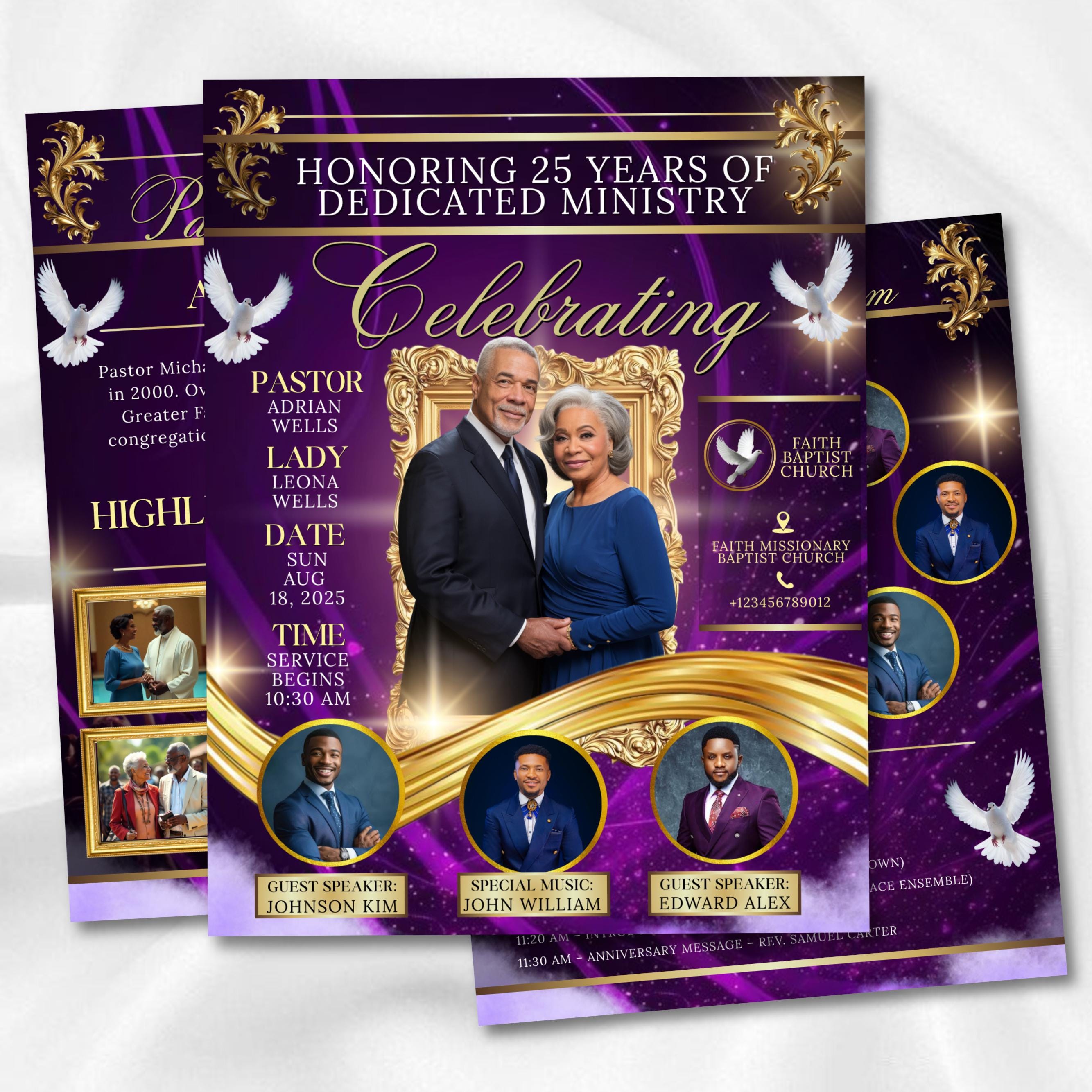 4 Page Pastor Anniversary Program Template, Purple and Gold Church ...