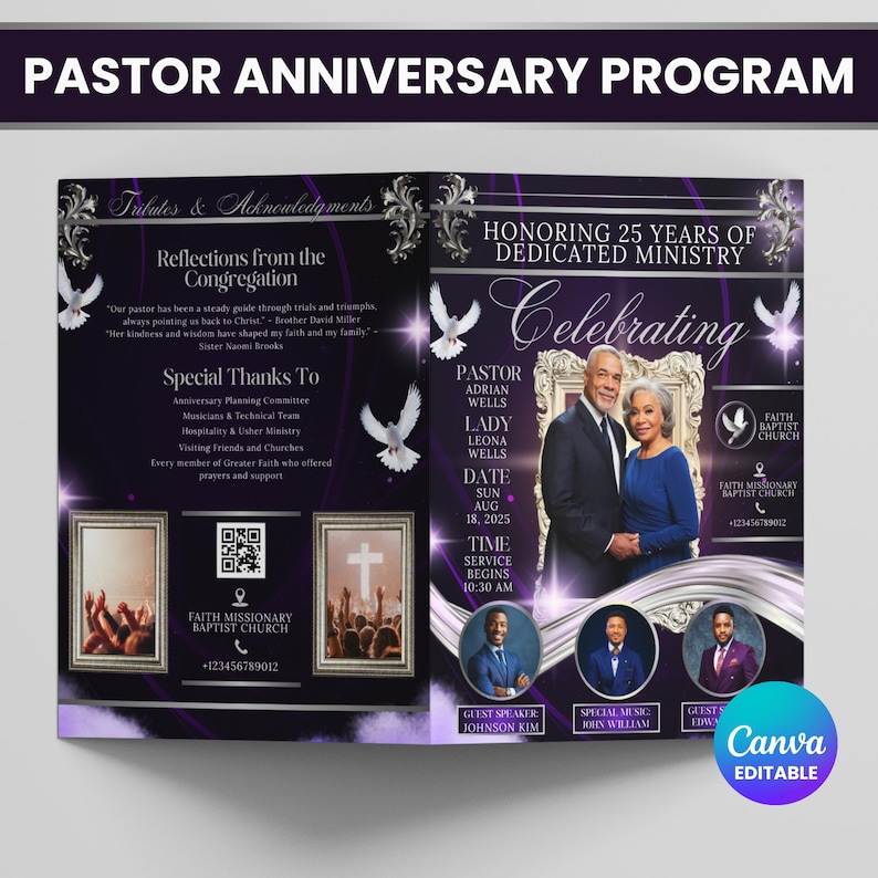 4 Page Pastor Anniversary Program Template,purple and Silver Church Anniversary Bi-fold Brochure ...