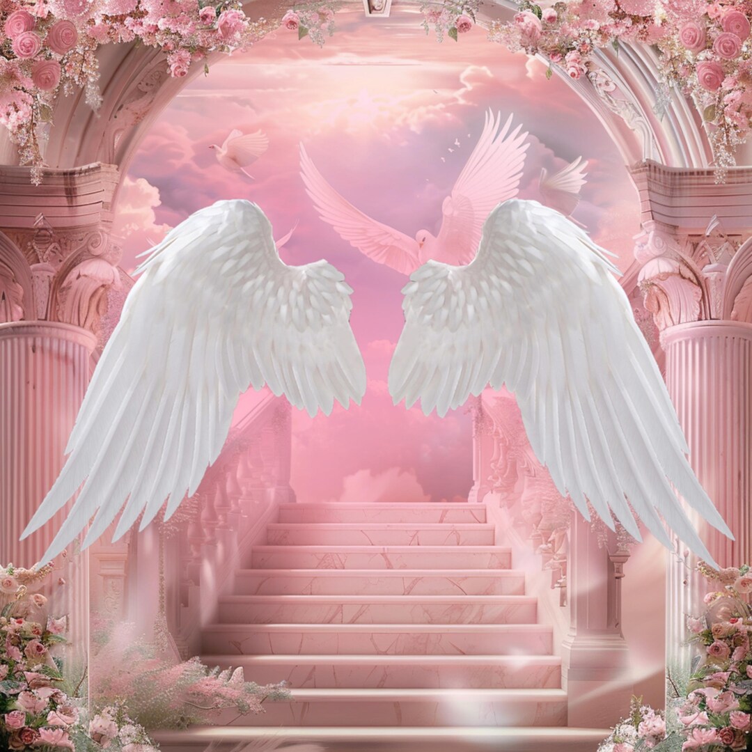 Pink Floral Heaven Backgrounds Bundle, in Loving Memory PNG, Angel ...