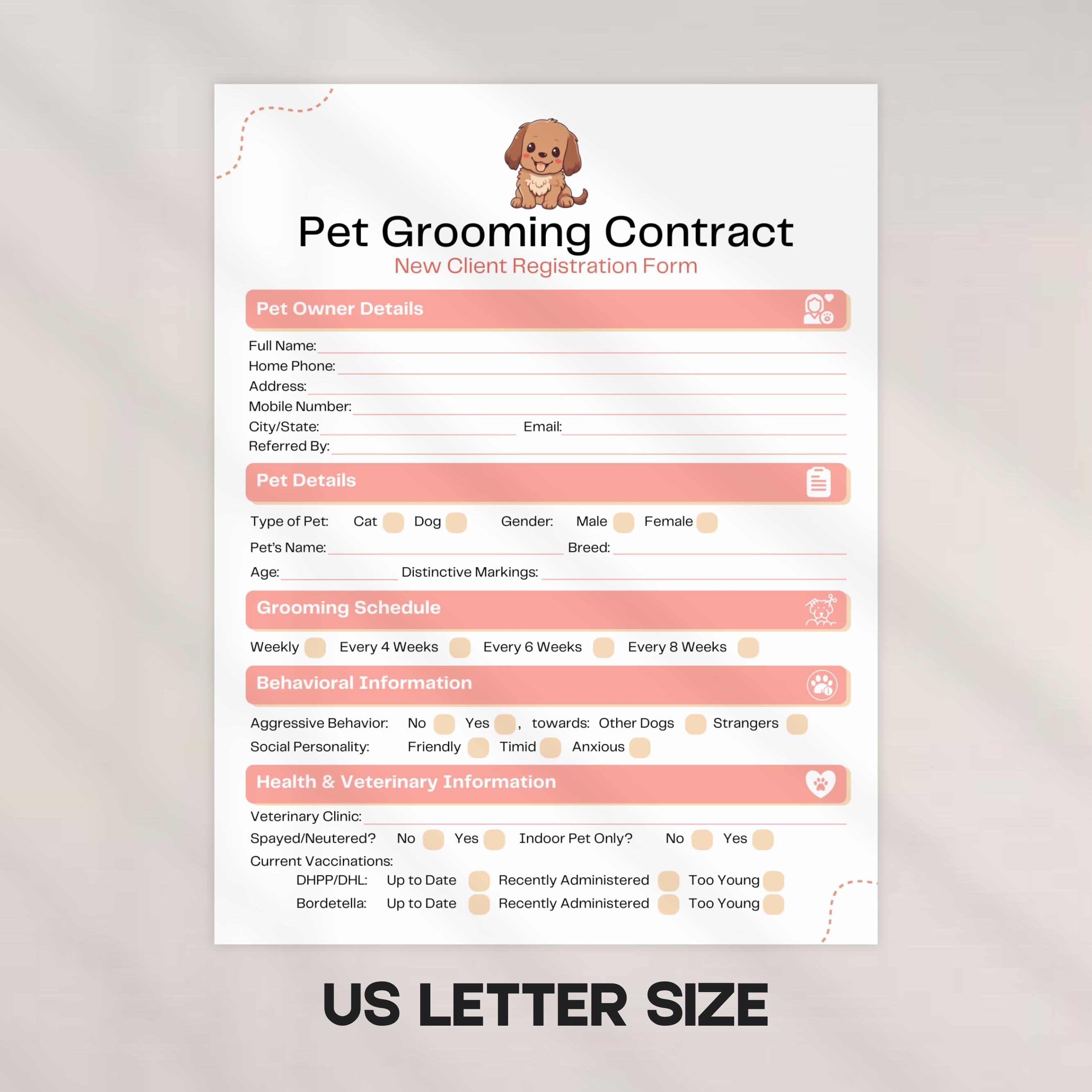 Pet Grooming Service Agreement & Contract, Dog Grooming Client Form ...