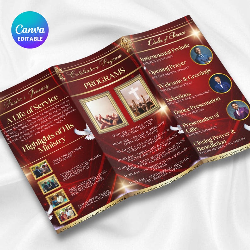 Pastor Anniversary Program Template, Red and Gold Church Anniversary ...