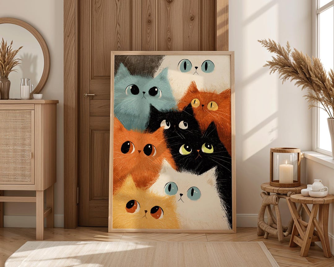 Whimsical Cute Stacked Cats Prints, Modern Colorful Wall Art for ...
