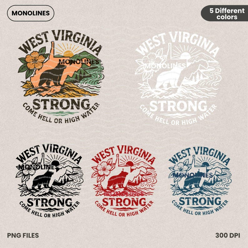 West Virginia Strong Bear PNG, Retro State Map Art, Mountain Sunset ...