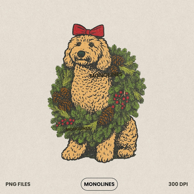 Vintage Christmas Dog Wreath PNG, Cute Holiday Pet Clipart, Retro ...