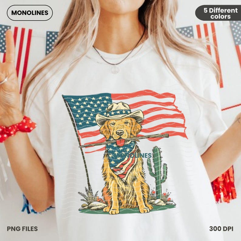 Cowboy Golden Retriever PNG: American Flag Patriotic Dog (digital ...