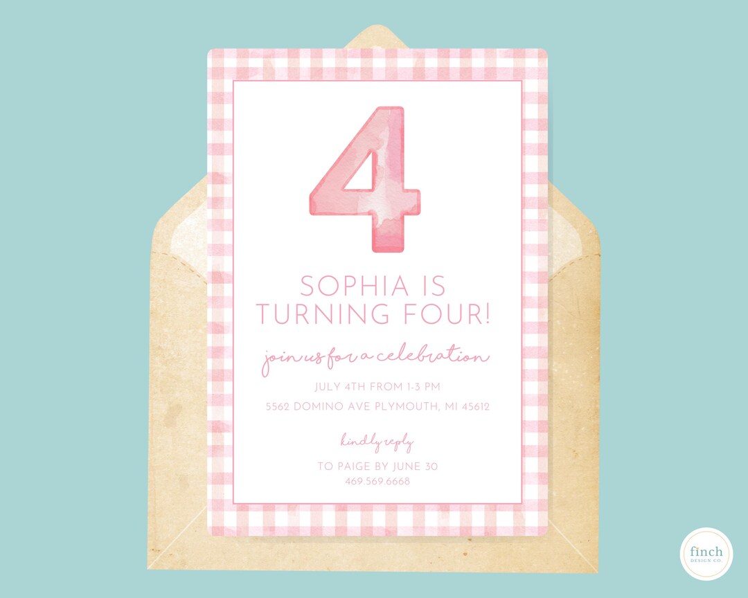 Pink Gingham Number Birthday Invitation – Custom Canva Design (digital ...