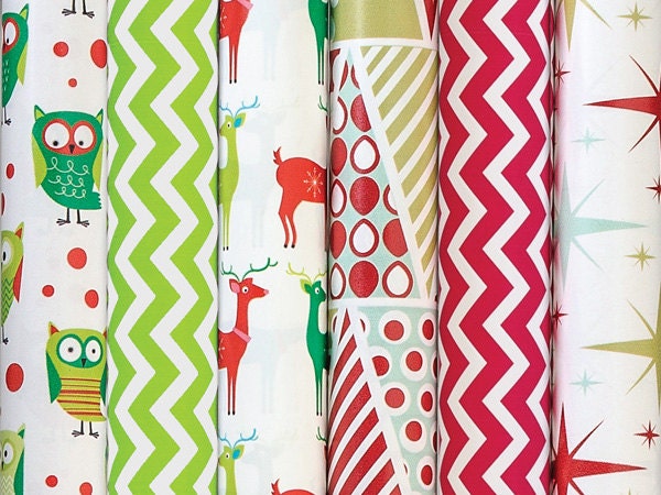 Holiday wrapping paper modern bright green & red chevron owl | Etsy