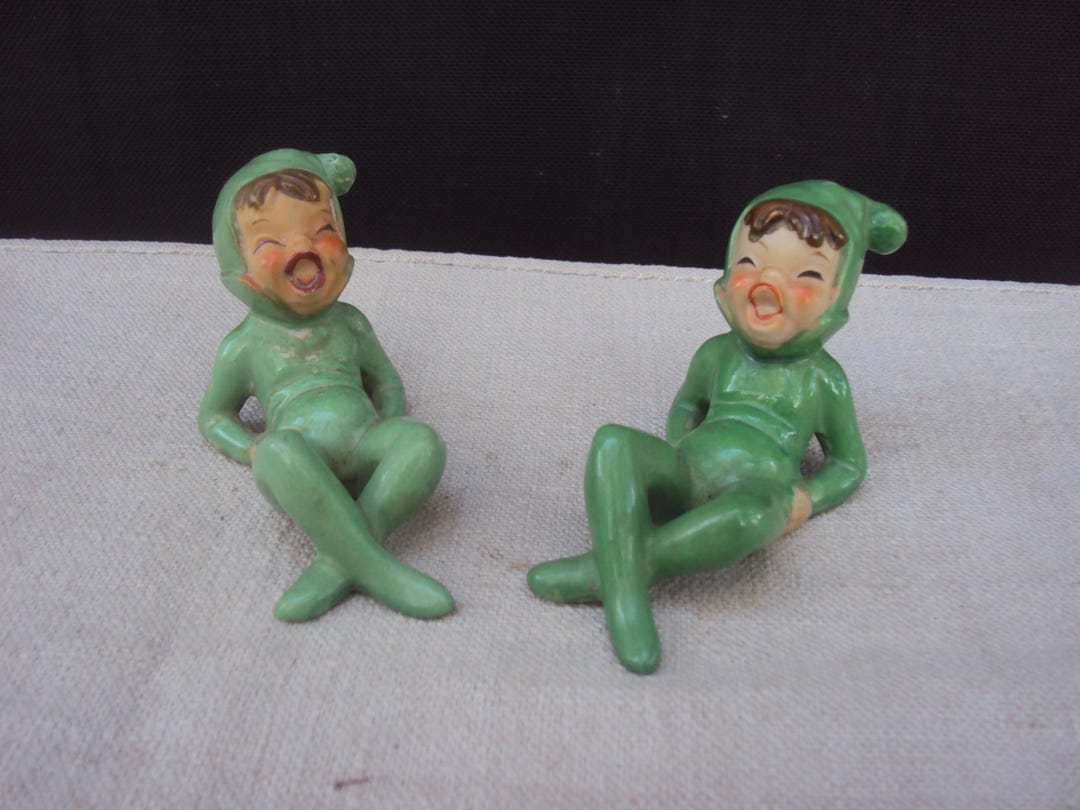 Vintage Pair of Mischievous Green Pixies Elves Small Laughing Lounging ...