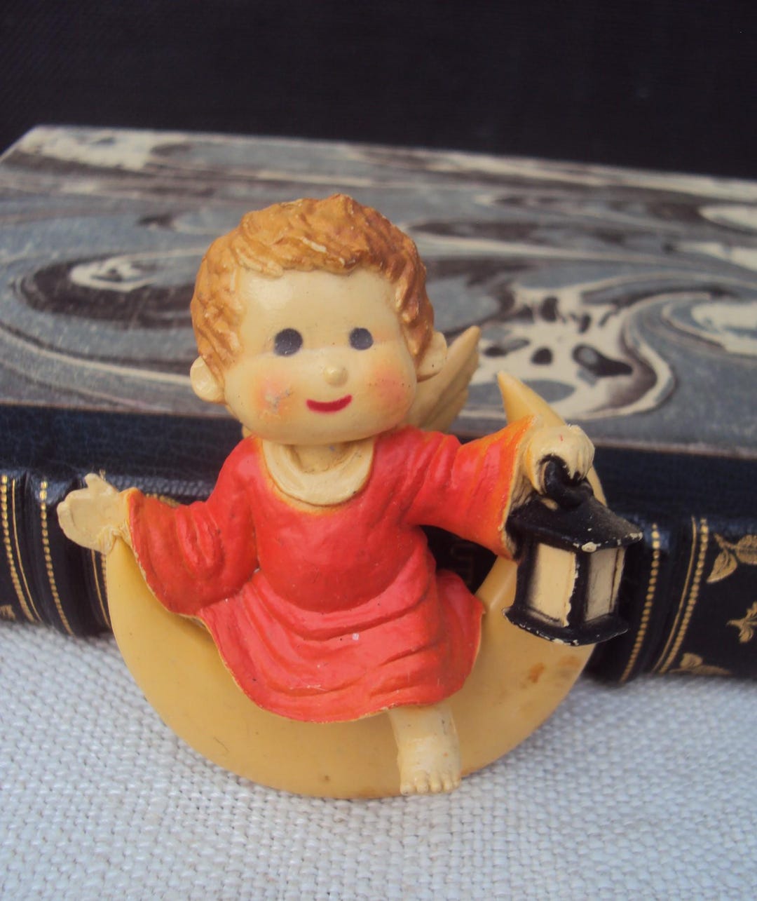 Angel Boy Riding the Moon Vintage Christmas Ornament Figural Angel 2.5 ...