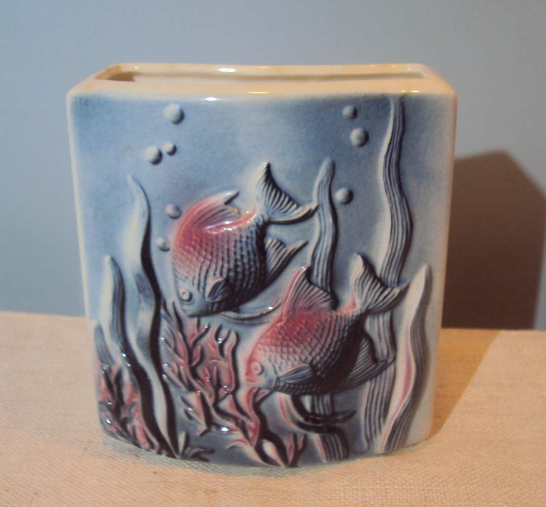 Vintage 50s Pottery/ Ceramic Fish Vase Mid Century Modern Maroon and ...