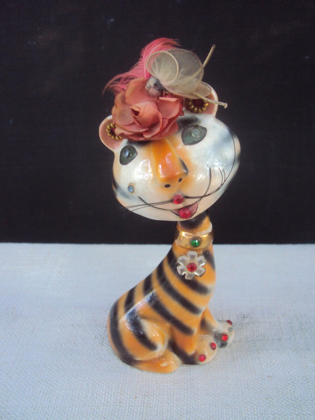 Goofy Miss Tiger Kreiss Tigress Figurine Kitschy W/ Rhinestones Flower ...