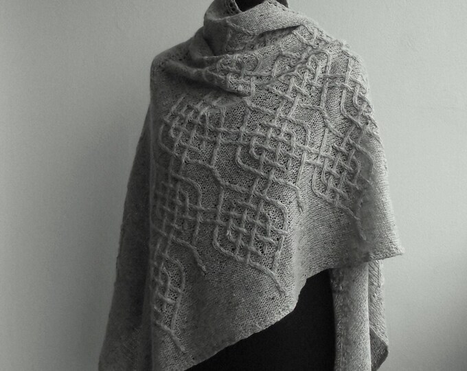 Light Grey Tweed Hand Knitted Shawl With Celtic Cable Motifs, Merino ...