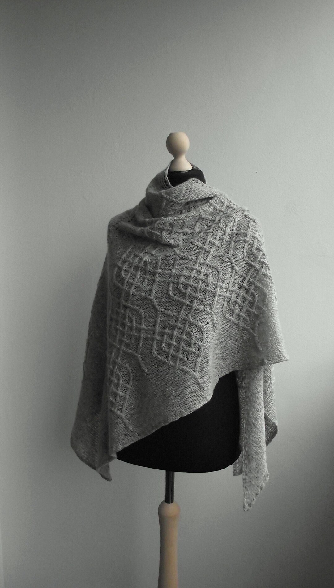 Light Grey Tweed Hand Knitted Shawl With Celtic Cable Motifs, Merino ...