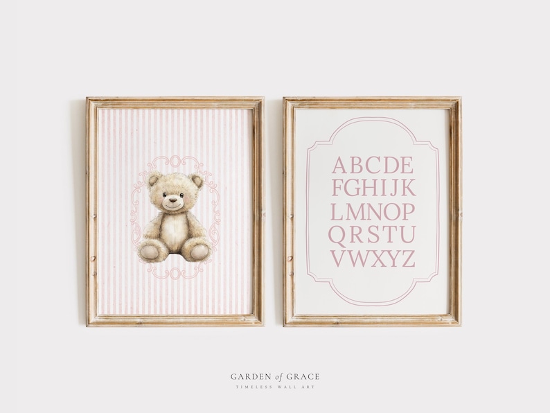 Toile Teddy Bear and Alphabet Nursery Wall Art Set of 2 | Farmhouse Kid ...