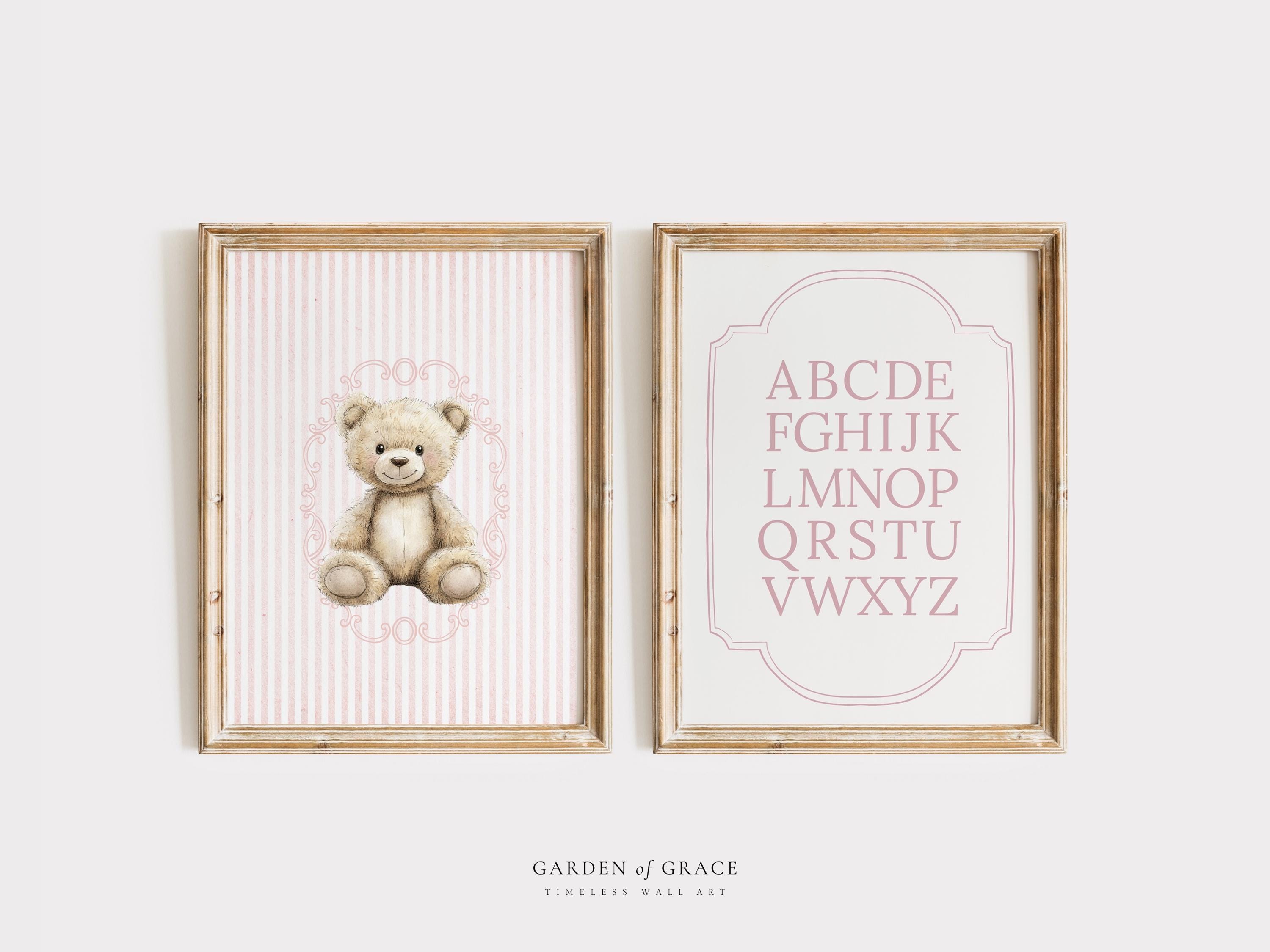 Toile Teddy Bear and Alphabet Nursery Wall Art Set of 2 | Farmhouse Kid ...