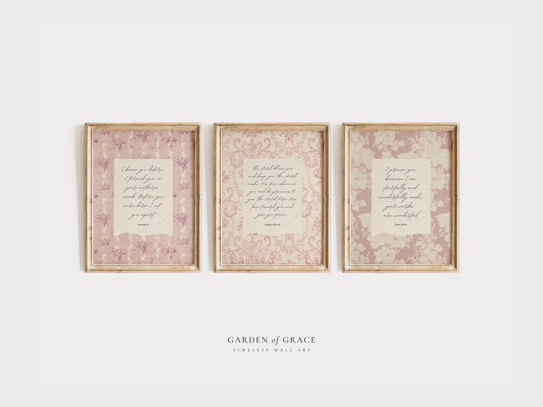 Vintage Pink Bible Verse Nursery Wall Art Set of 3 | Pale Pink Kid's ...