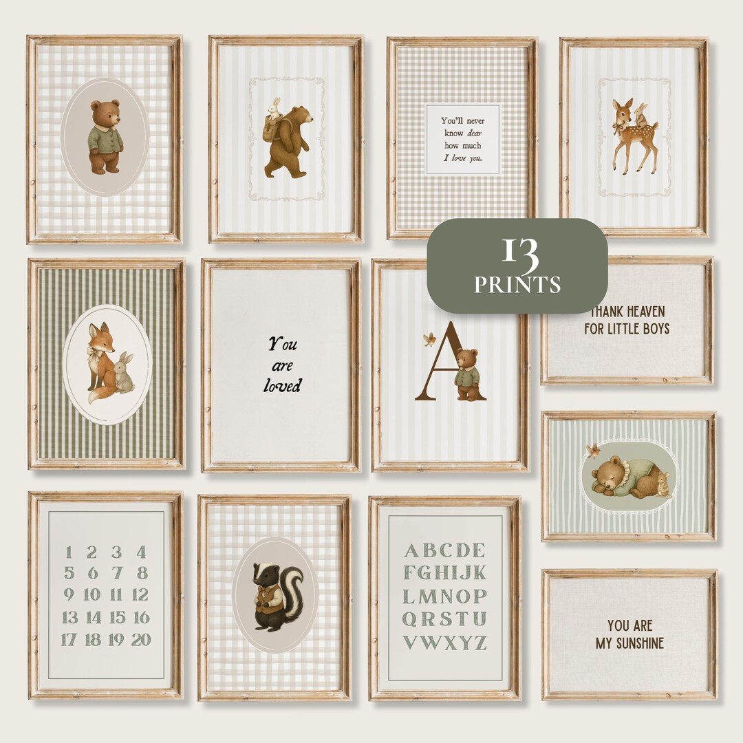 Woodland Gallery Wall Set of 13 for Nursery, Sage Green and Beige ...