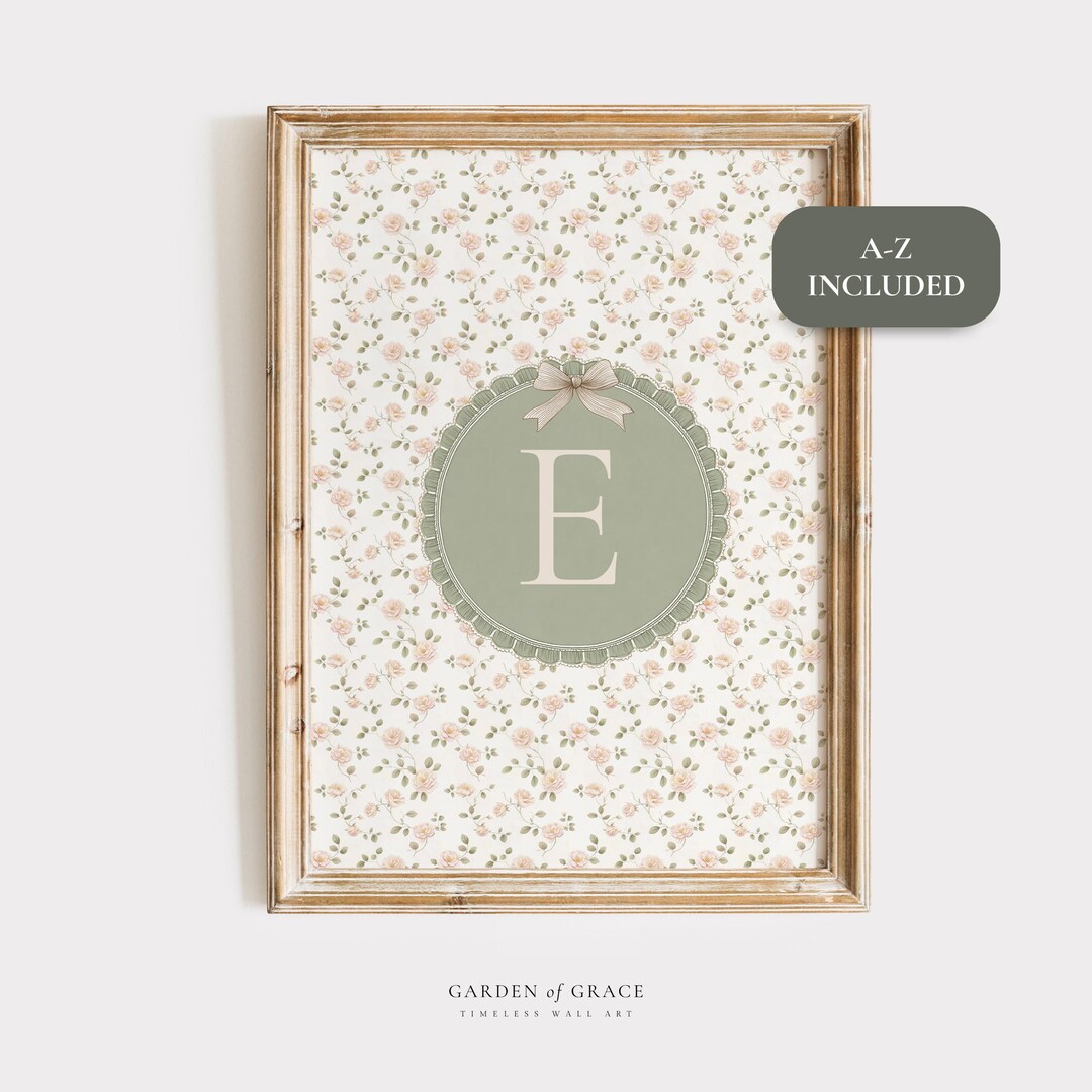 A-Z Initial Wall Art for Nursery, Floral Sage Green Pale Pink Girl's ...
