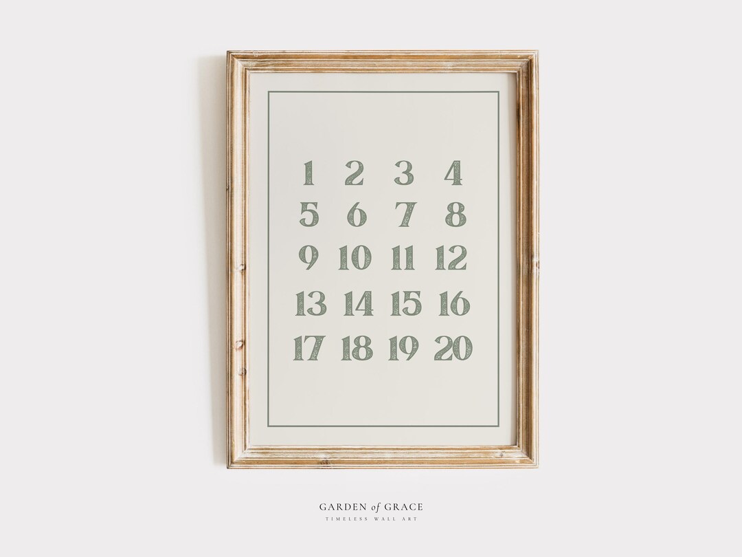 Vintage Numbers 1-20 Wall Art | Pale/sage Green Kid's Room Decor ...