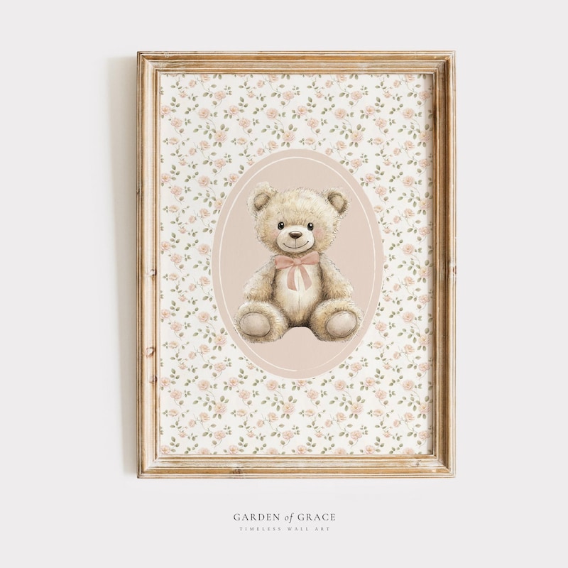 Vintage Pink Bear Nursery Print - Etsy