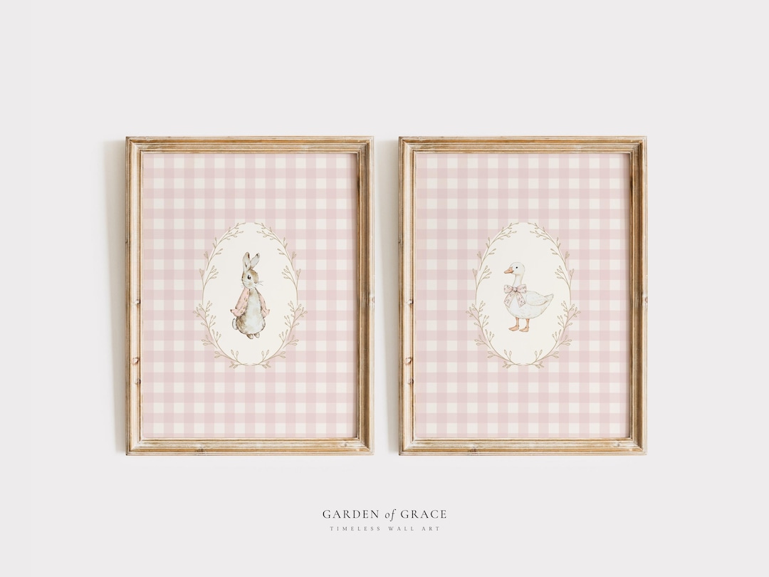 Bunny and Silly Goose Nursery Wall Art Set, Blush Pink Gingham Girl's ...