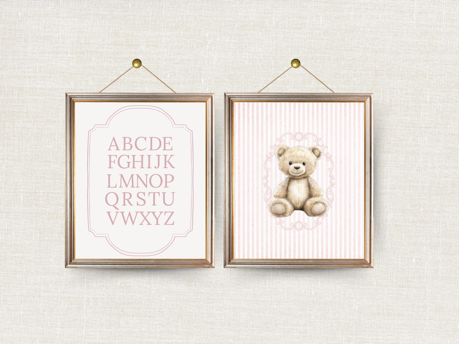 Toile Teddy Bear and Alphabet Nursery Wall Art Set of 2 | Farmhouse Kid ...
