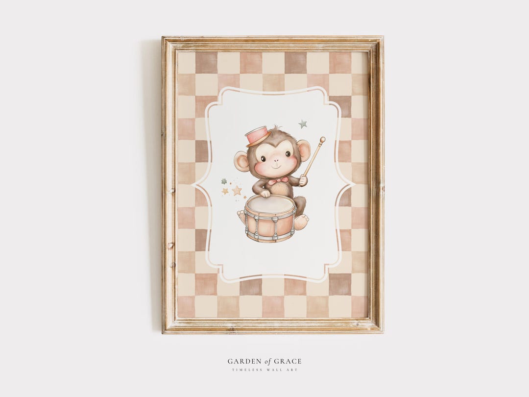 Circus Monkey With Drum Nursery Wall Art, Neutral Color Kid's Room Art ...