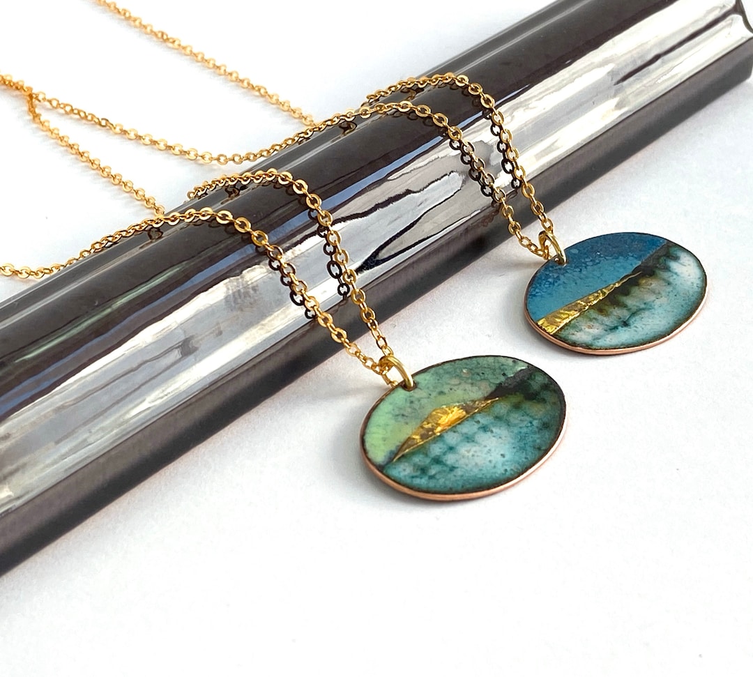 Enamel Oval Pendant - Landscape on Gold Plated Silver Chain - (small ...
