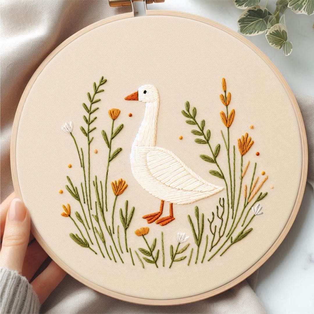 Goose in Wild Flowers Hand Embroidery Pattern - Beginner Friendly, PDF ...