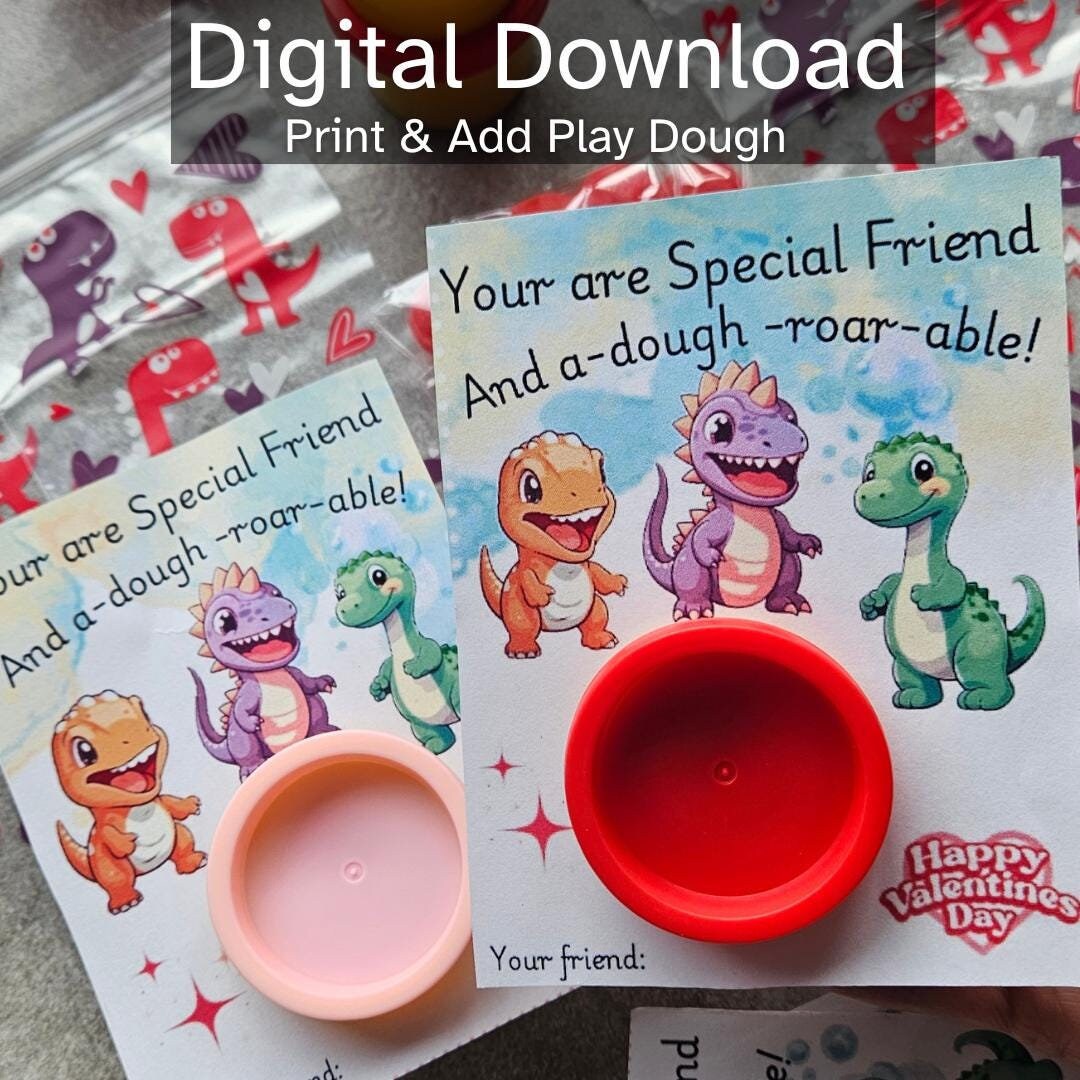 Dinosaur Play Doh Valentines Holder Printable Cards, Valentines Day ...