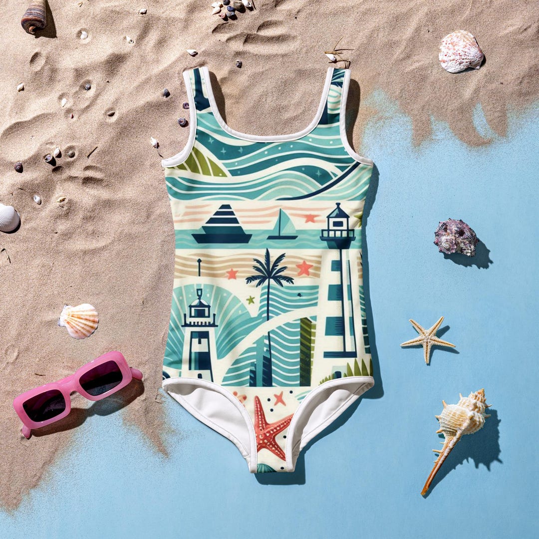 Allover Girls Kids Swimsuit – Sea-inspired Pattern With Shells, Anchors ...