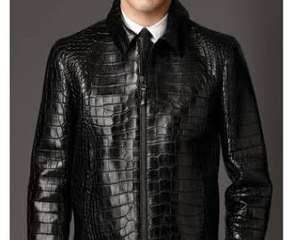 Handmade Black Crocodile /alligator Leather Jacket Crocodile Pattern Embosed Jacket / Men’s ...