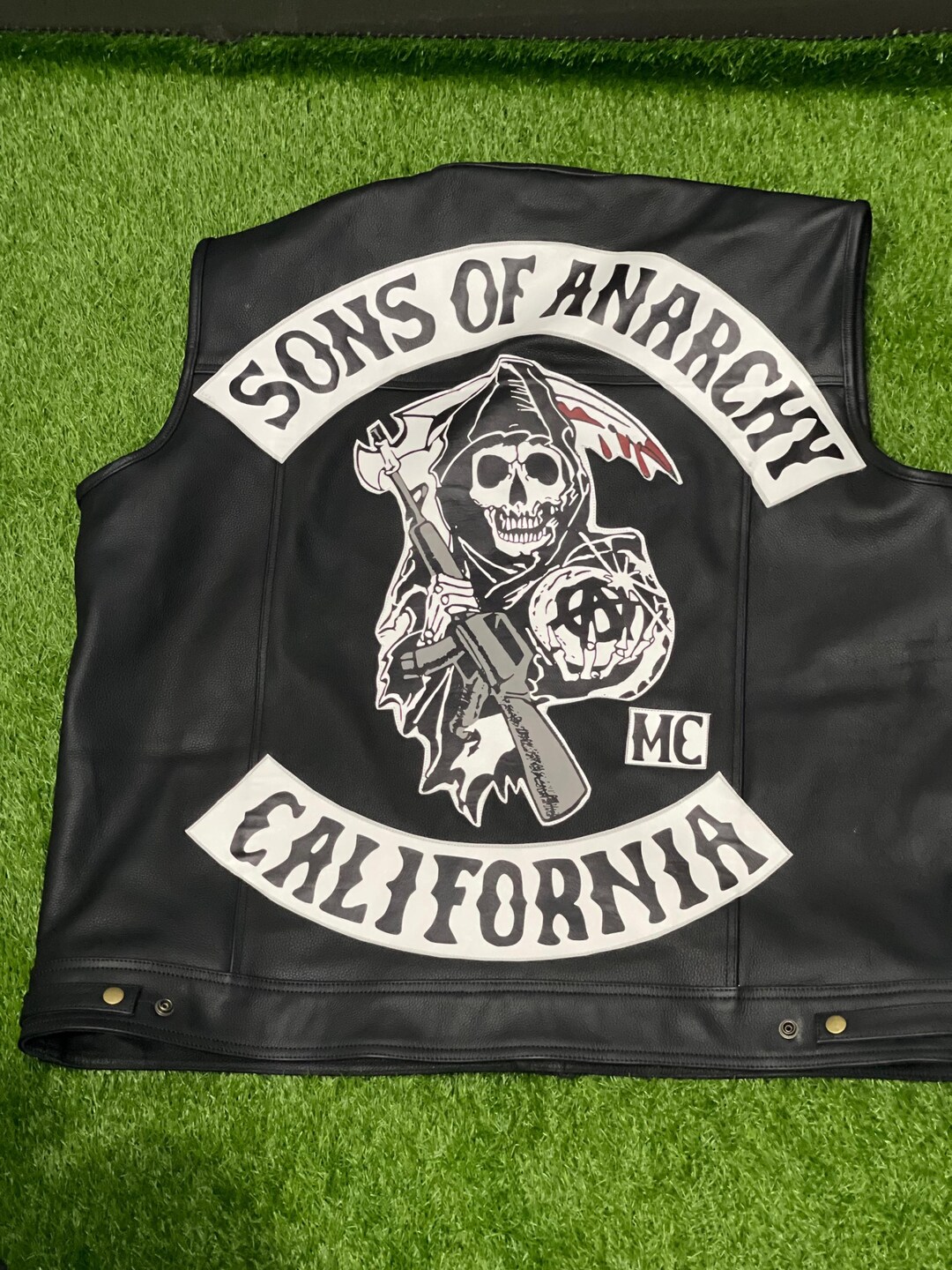 Mens Biker SOA Vest Sons of Anarchy Vest in Black Blue Patches Leather ...