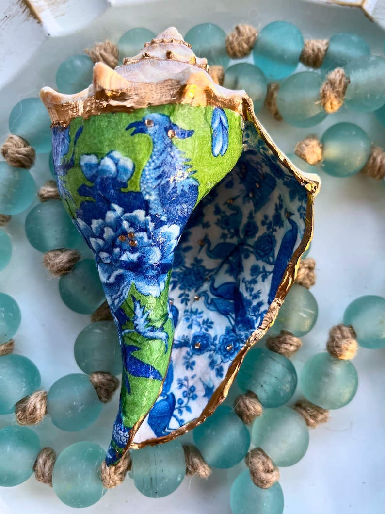 Decoupage Whelk Shell: Chinoiserie Beach Decor With Gold Leaf - Etsy