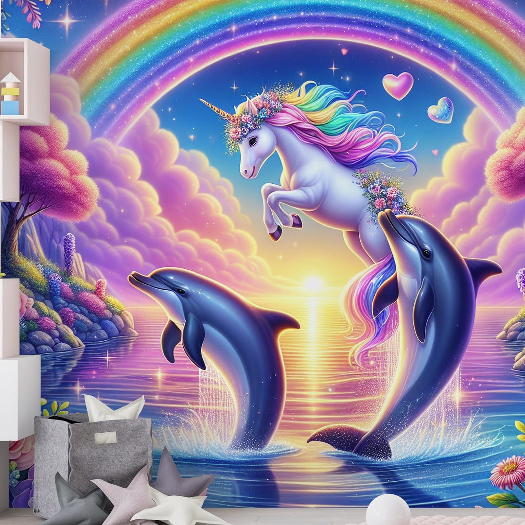 Rainbow Dolphin Wallpaper, Rainbow Mural, Nursery Wall Decal Baby ...