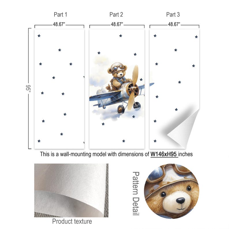 Blue Nursery Wallpaper Flying Teddy Bear Aviator Wall Mural Airplanes ...