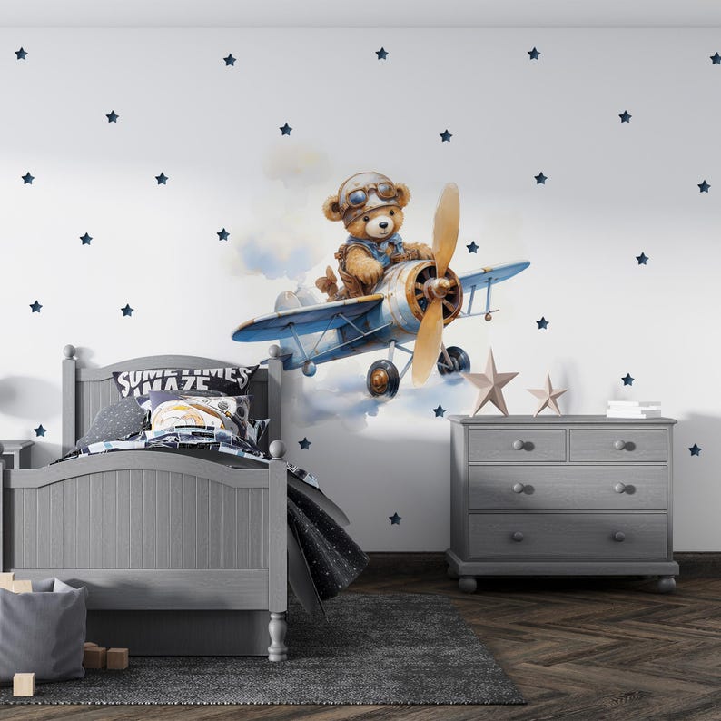 Blue Nursery Wallpaper Flying Teddy Bear Aviator Wall Mural Airplanes ...