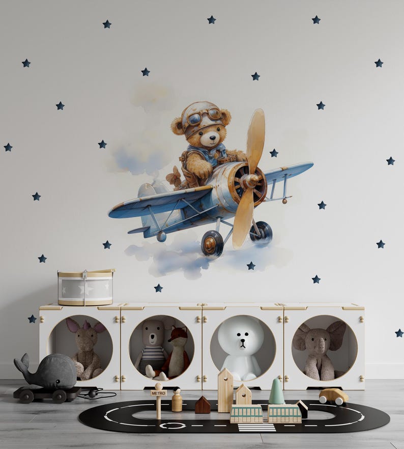 Blue Nursery Wallpaper Flying Teddy Bear Aviator Wall Mural Airplanes ...