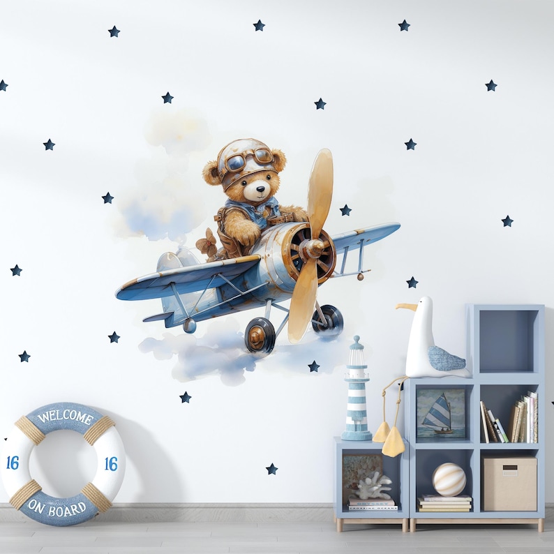 Blue Nursery Wallpaper Flying Teddy Bear Aviator Wall Mural Airplanes ...